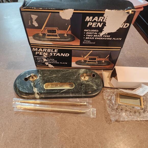 Office | Marble Pen Stand Set Green Marble Digital Clock Brass Pens ...